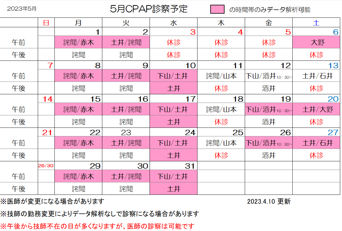 睡眠時無呼吸症候群 CPAP診察予定表 4月・5月分を公開 | 西原セントラルクリニック（広島市安佐南区）